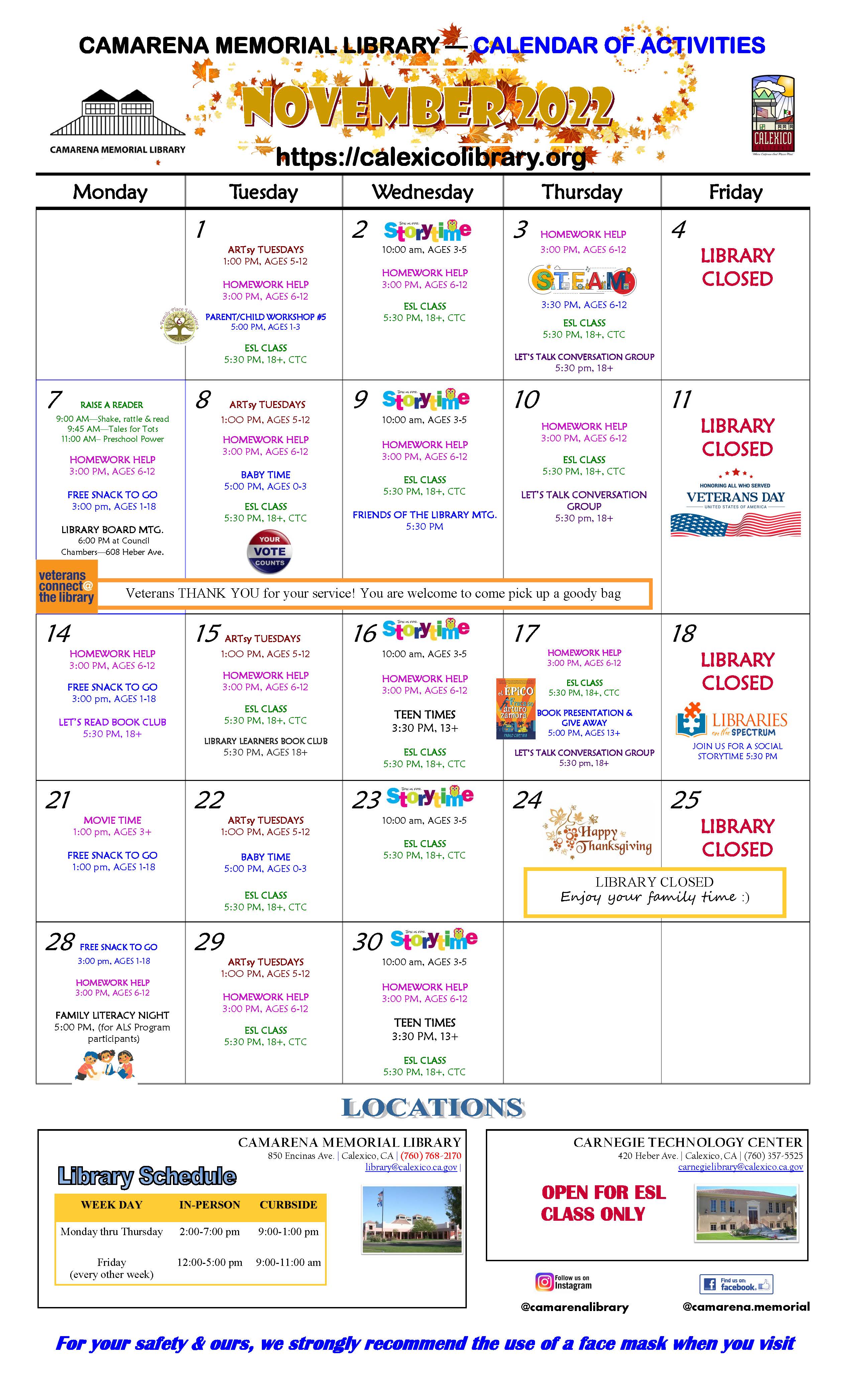 Monthly calendar of activities | Camarena Memorial Library