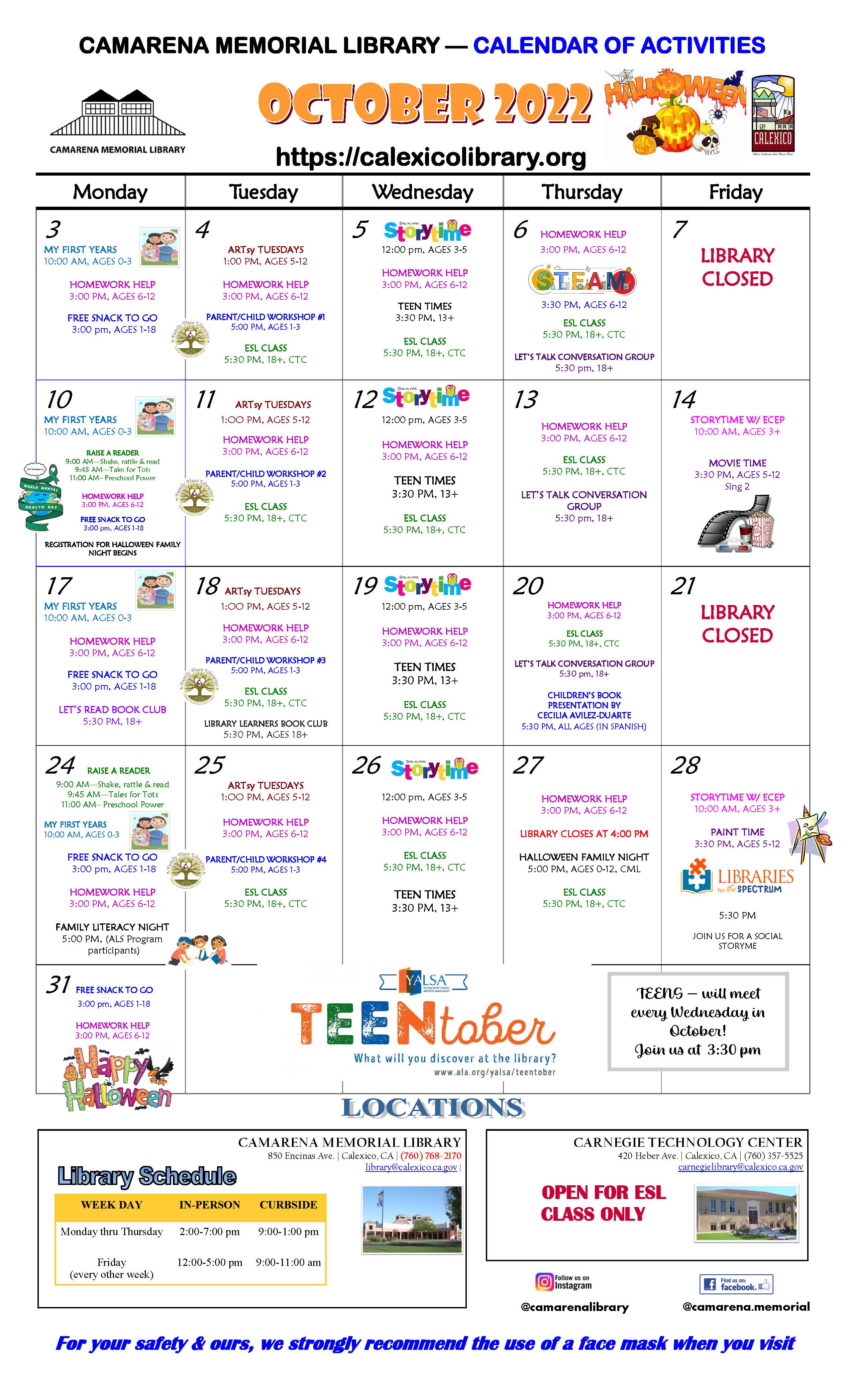 Monthly calendar of activities | Camarena Memorial Library