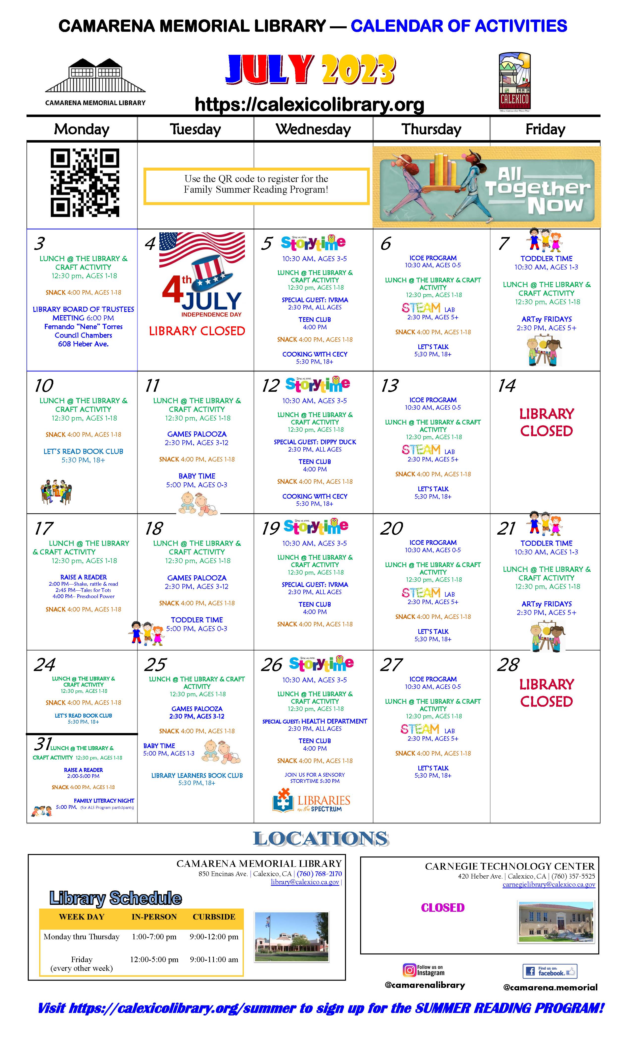 Monthly calendar of activities | Camarena Memorial Library