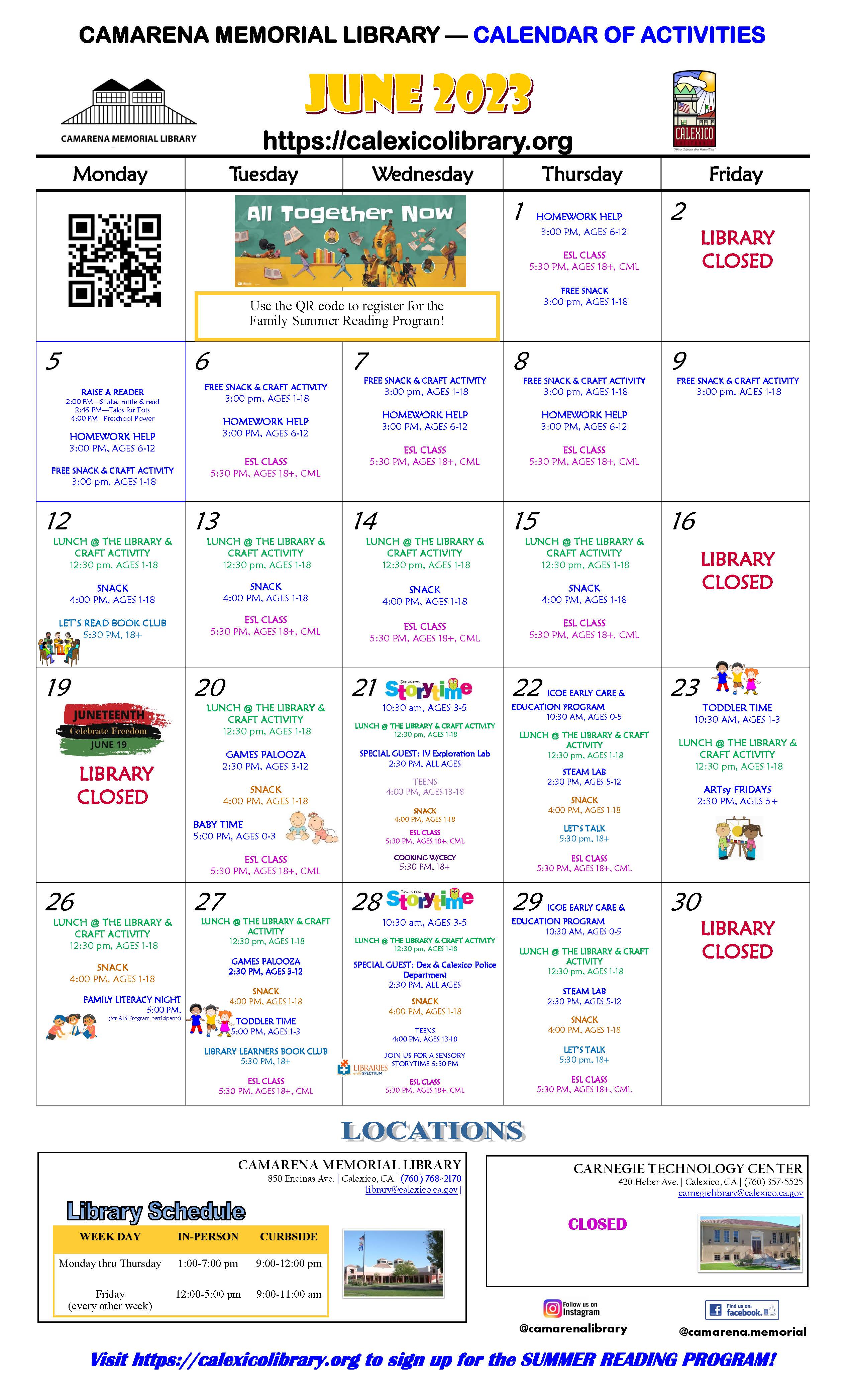 Monthly calendar of activities | Camarena Memorial Library